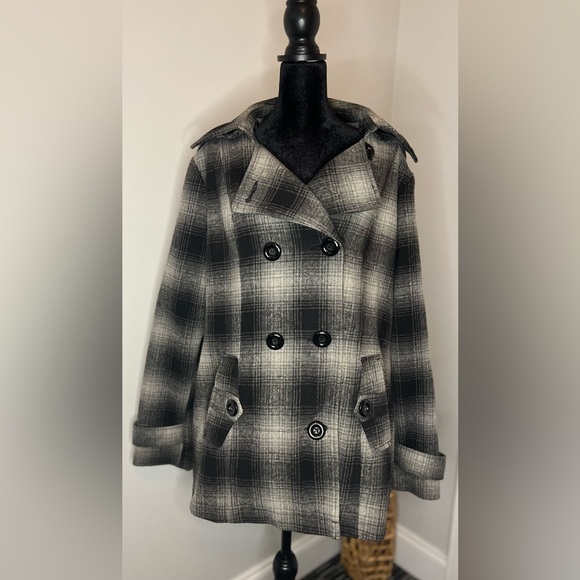 George | Jackets & Coats | Vintage Black Gray And White Plaid Pea Coat ...